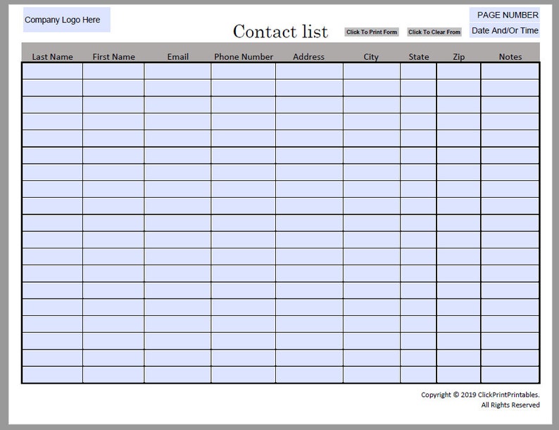 Simple Minimal Editable Contact List Template Downloadable Printable ...