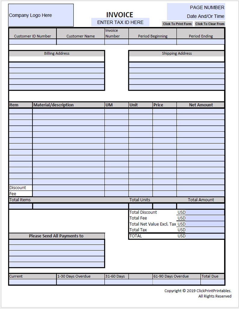 Editable Invoice Template Downloadable Printable Form Small Business ...