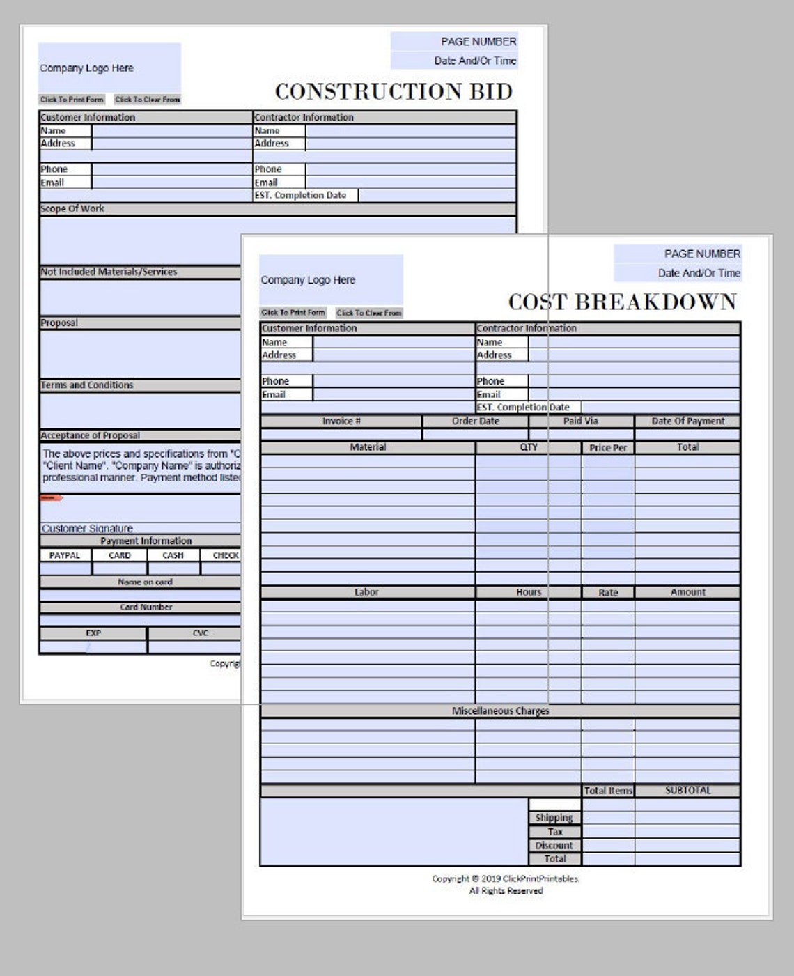 Construction Bid Project Form With Cost Breakdown Template Editable ...