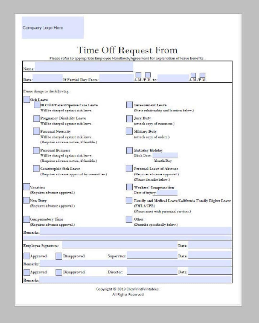 Simple Time off Request Template Downloadable Printable Form Small ...