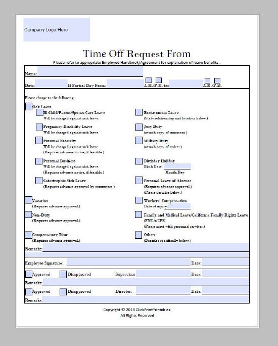 Simple Time off Request Template Downloadable Printable Form Small ...