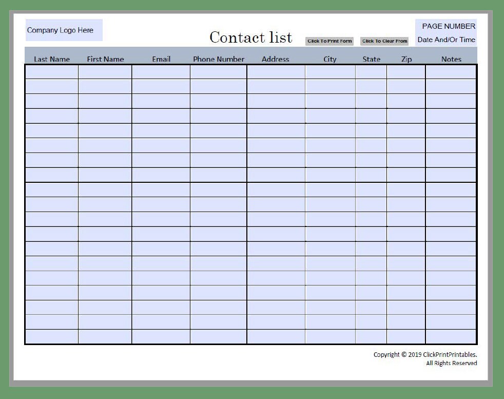 Simple Minimal Editable Contact List Template Downloadable Printable ...