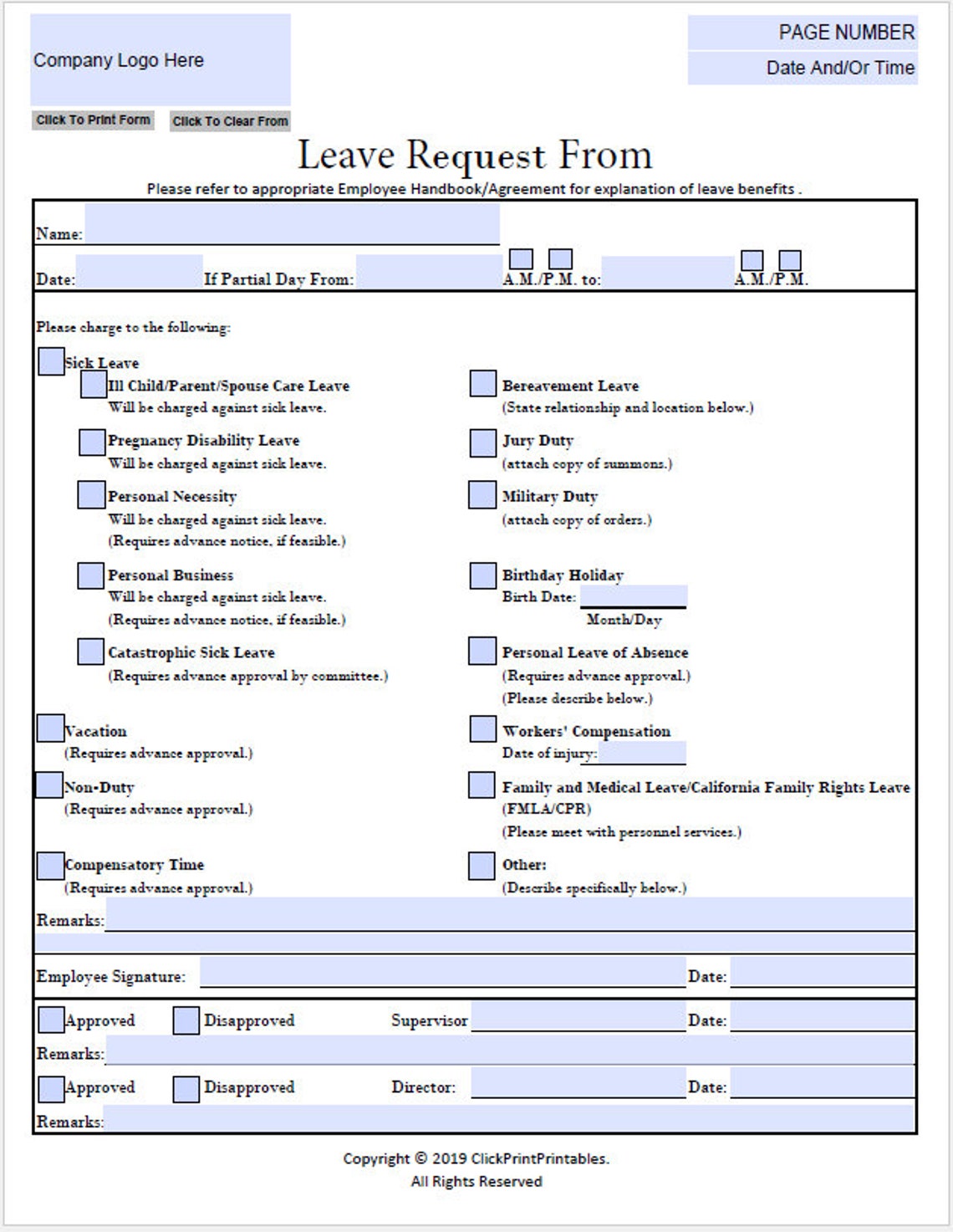 Request for Leave Template Downloadable Printable Form Small Business ...