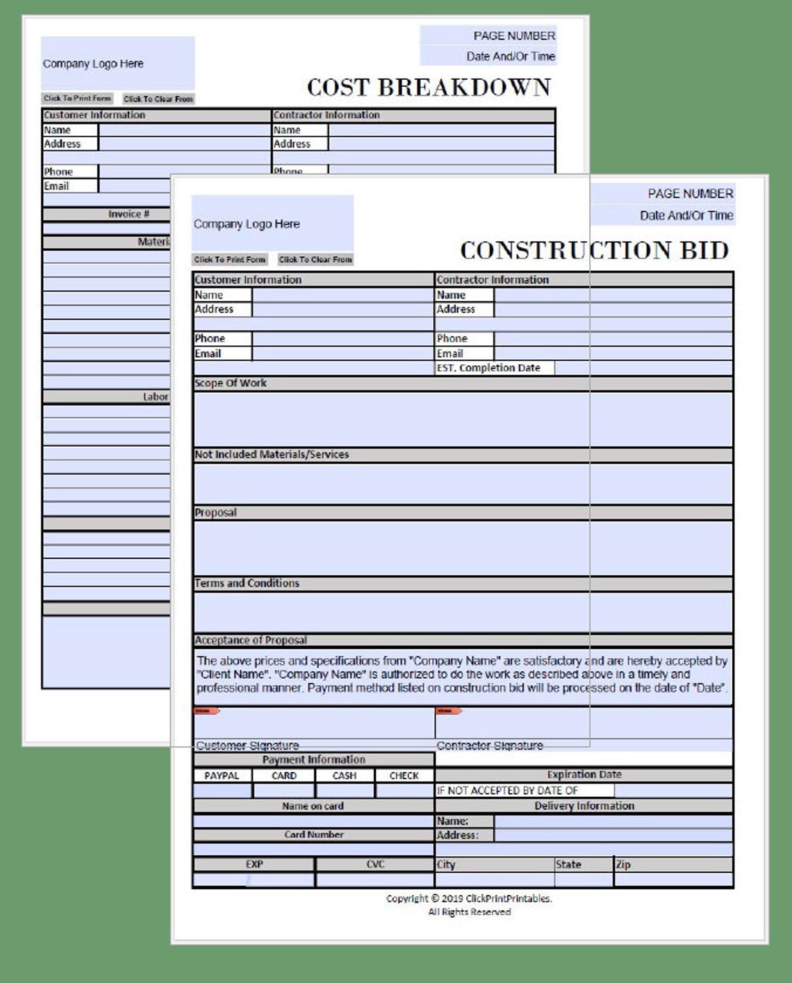 Construction Bid Project Form With Cost Breakdown Template Editable ...