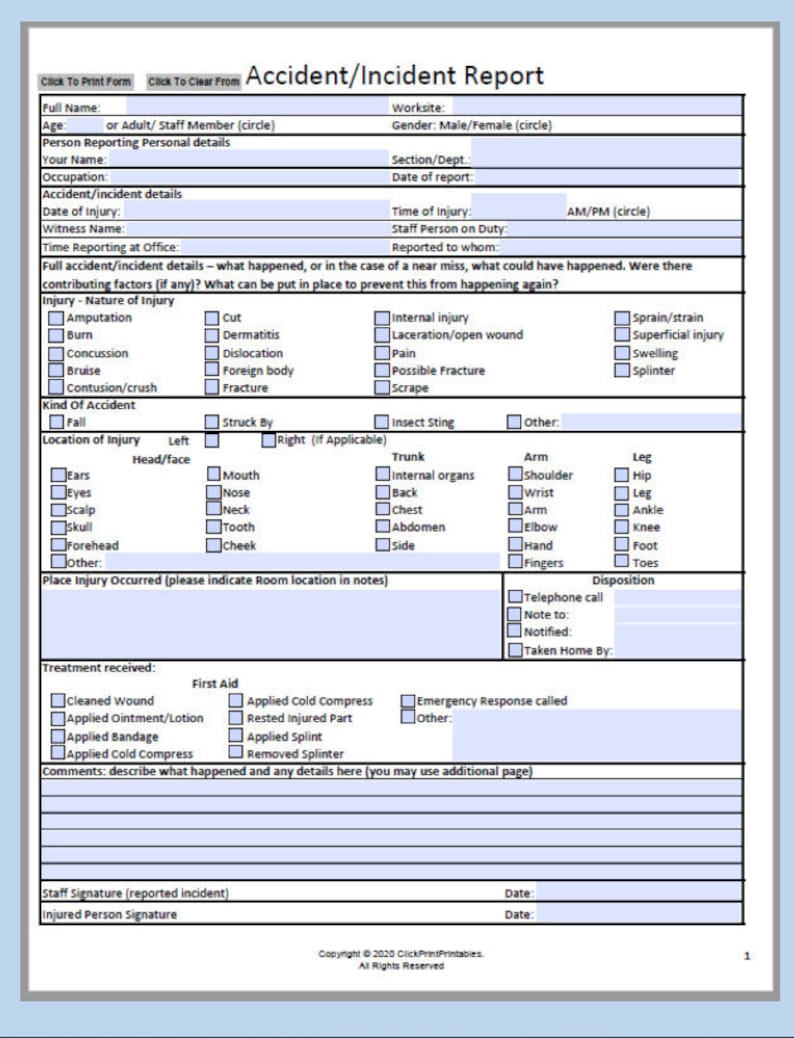 NEW Work Accident Incident Report Form Template Editable Downloadable ...