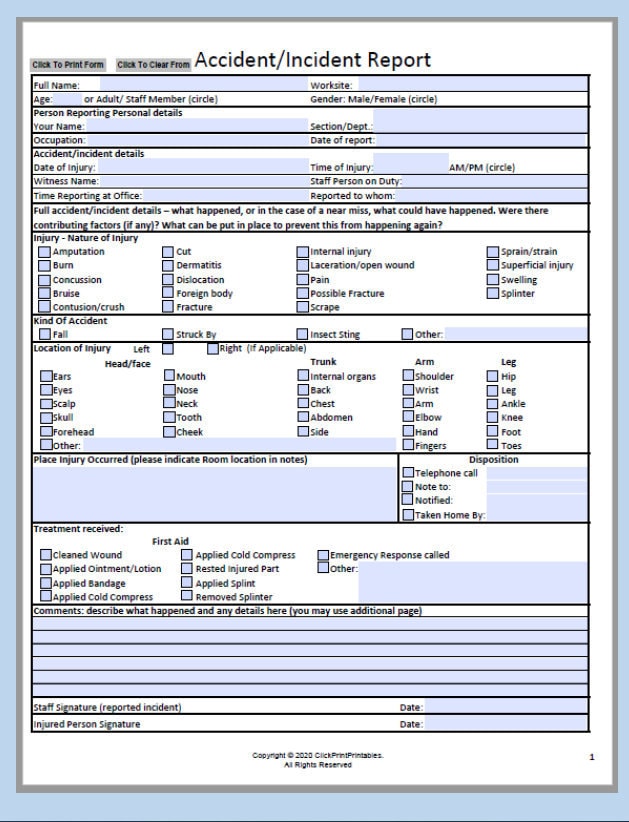 Work Accident Report Form Template (fillable PDF) - Etsy