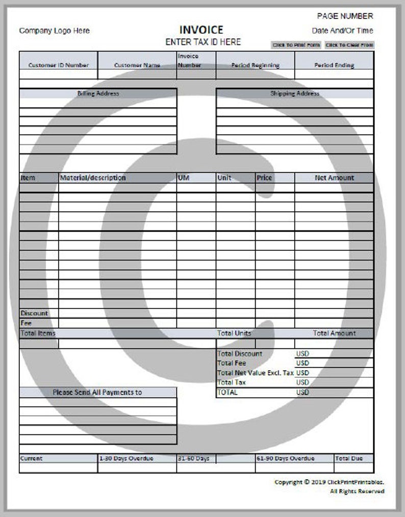 Editable Invoice Template Downloadable Printable Form Small Business ...