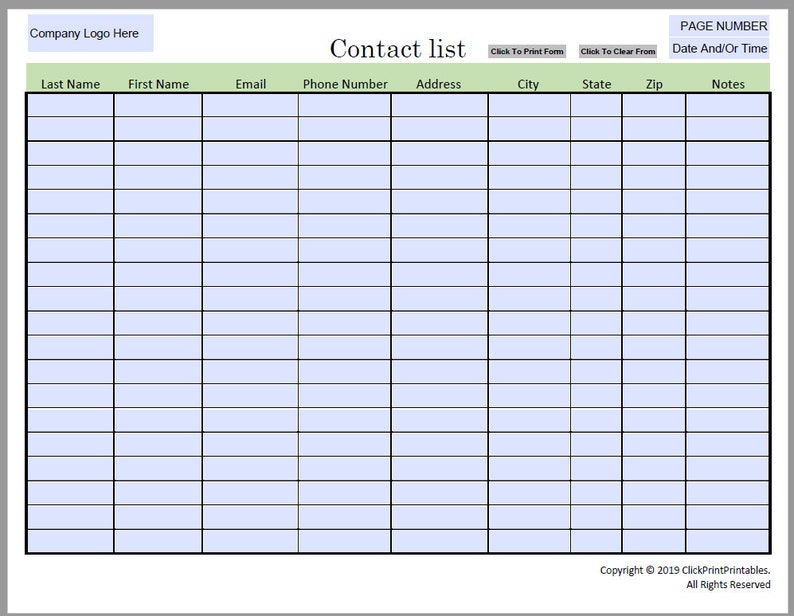 Simple Minimal Editable Contact List Template Downloadable Printable ...