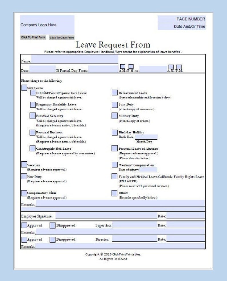 Request for Leave Template Downloadable Printable Form Small Business ...
