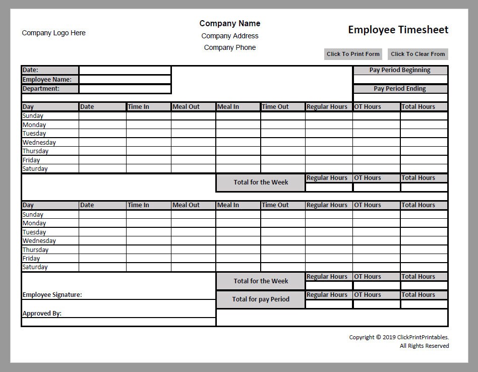 Employee Timesheet (black and White) - Home Business-tracker-printable ...