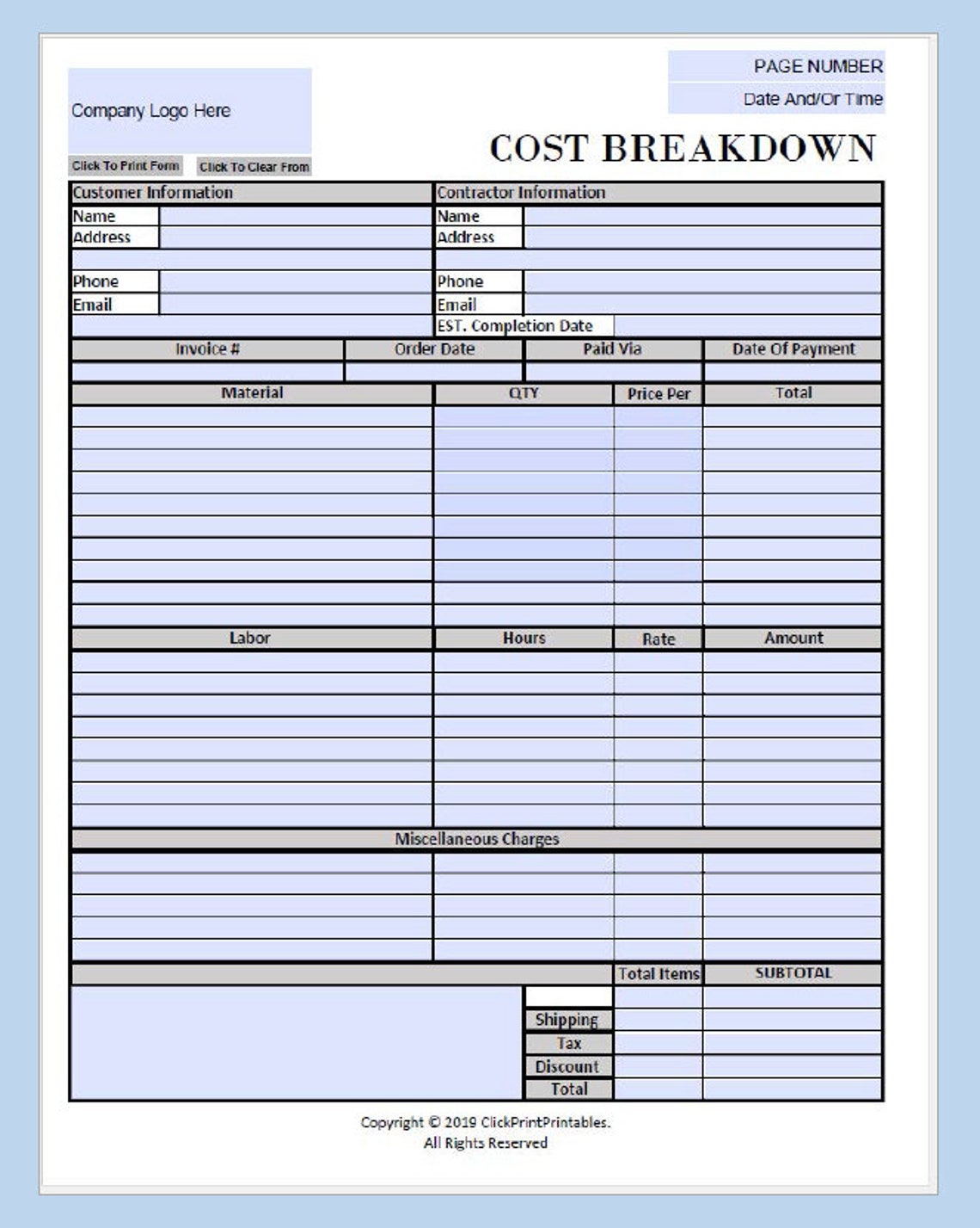 Construction Project Cost Breakdown Template Simple Minimal Editable ...