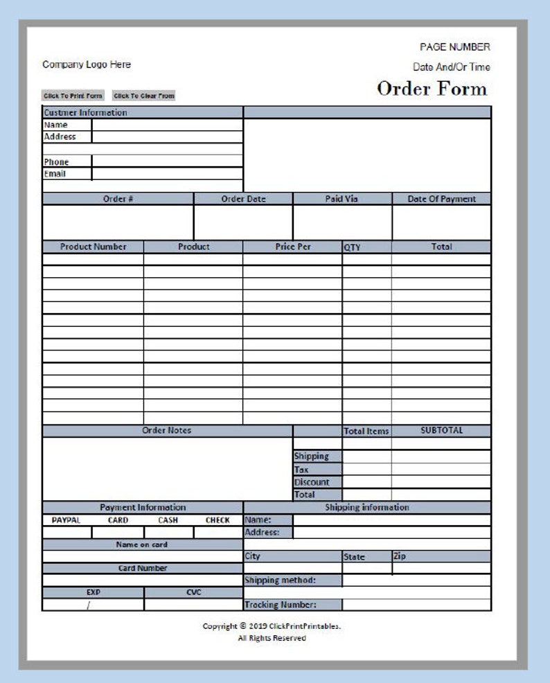 Simple Minimal Editable Order Form Template blue Downloadable Printable ...