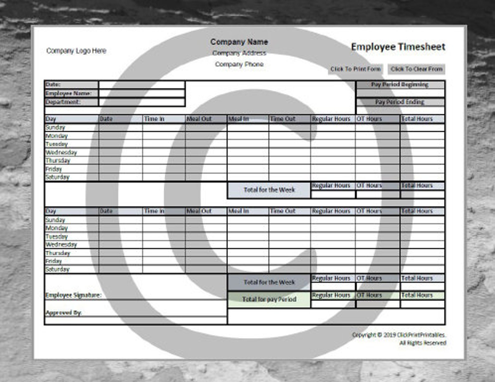 Employee Timesheet (in Color Ink)-home Business - Tracker-printable and ...
