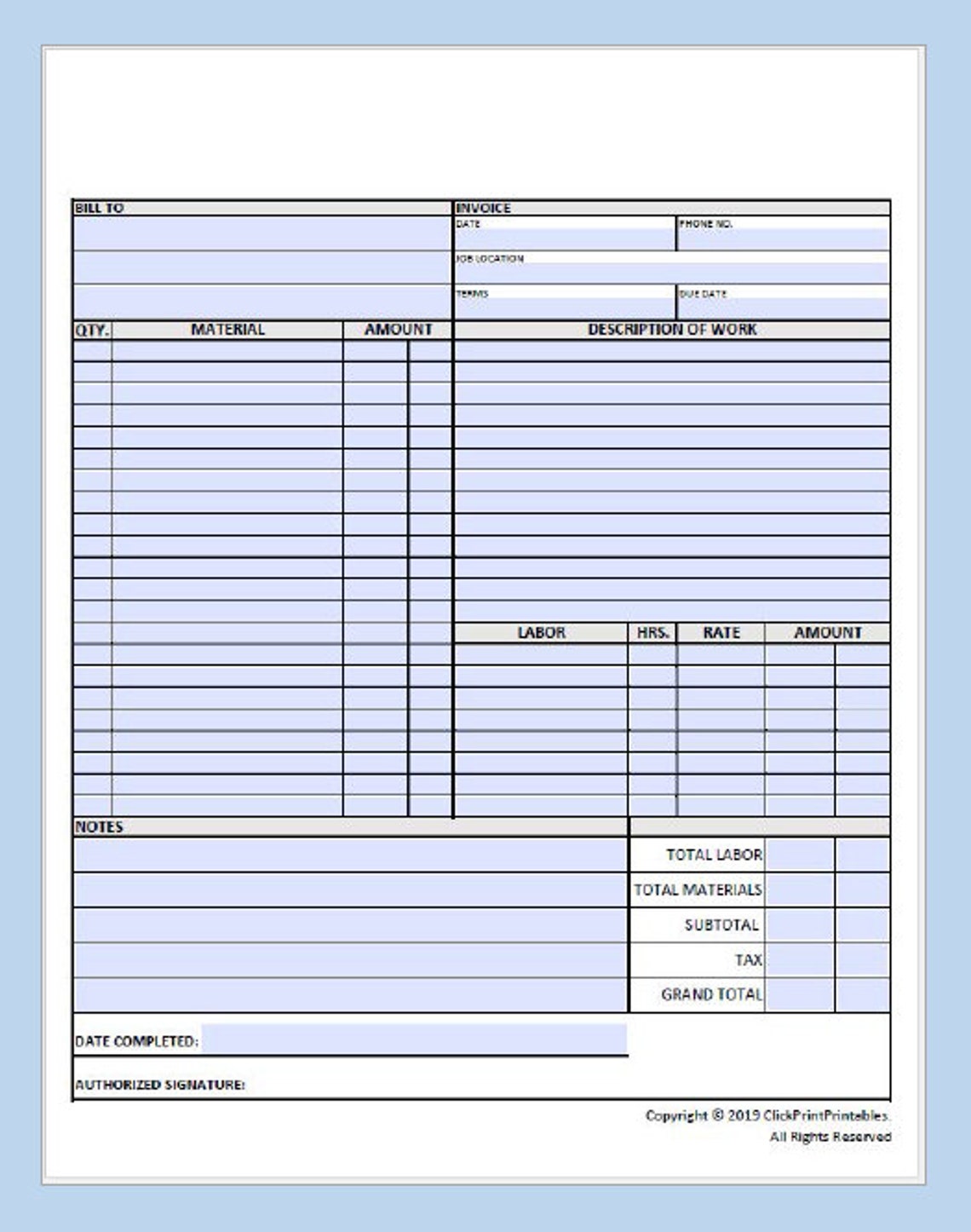 Simple Minimal Editable Invoice With Labor Template Downloadable ...