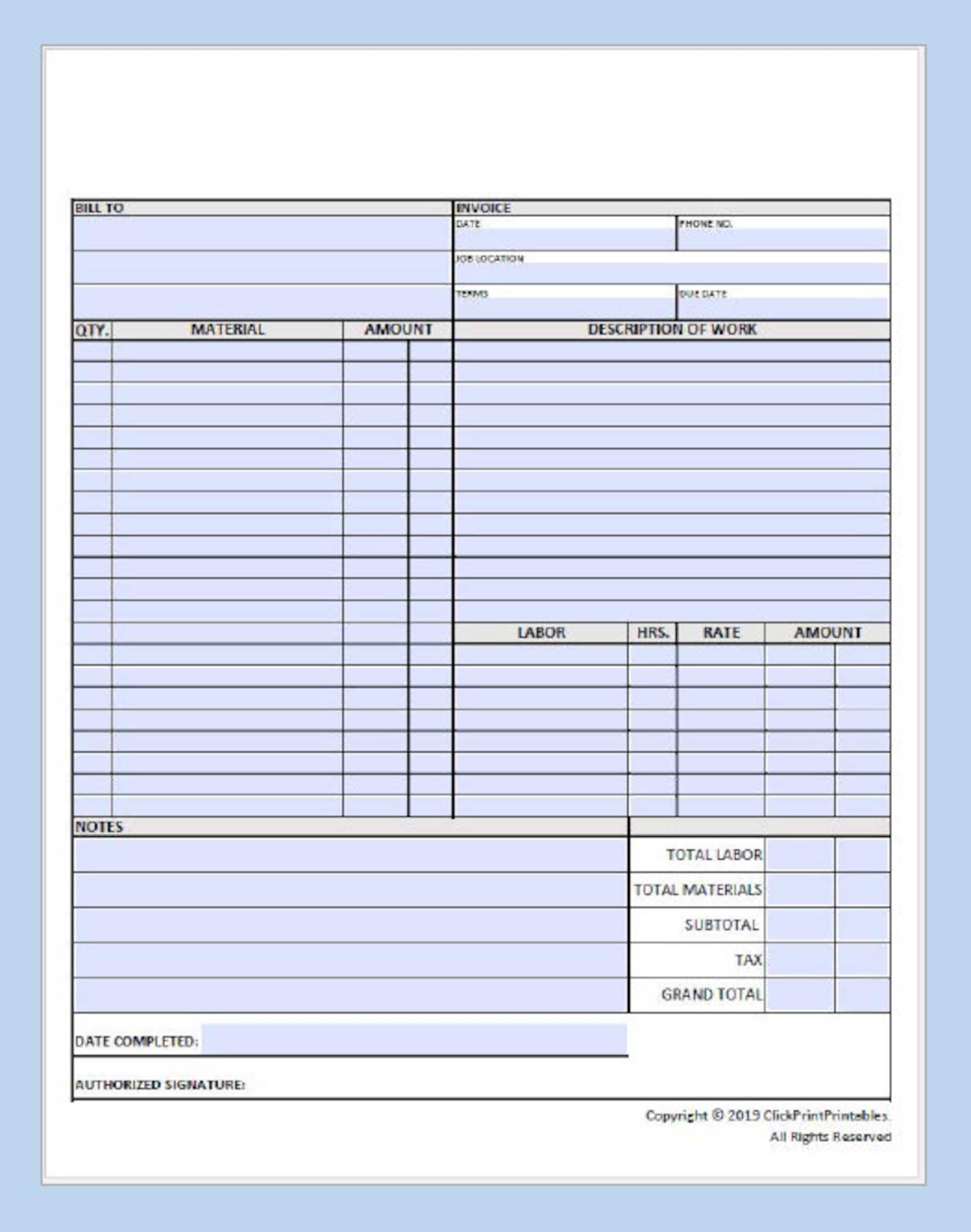 Simple Minimal Editable Invoice With Labor Template Downloadable ...