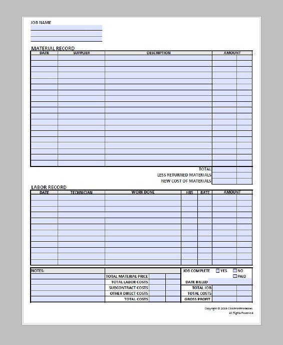 Material and Labor Record Sheet Project Bid Invoice Form Template ...