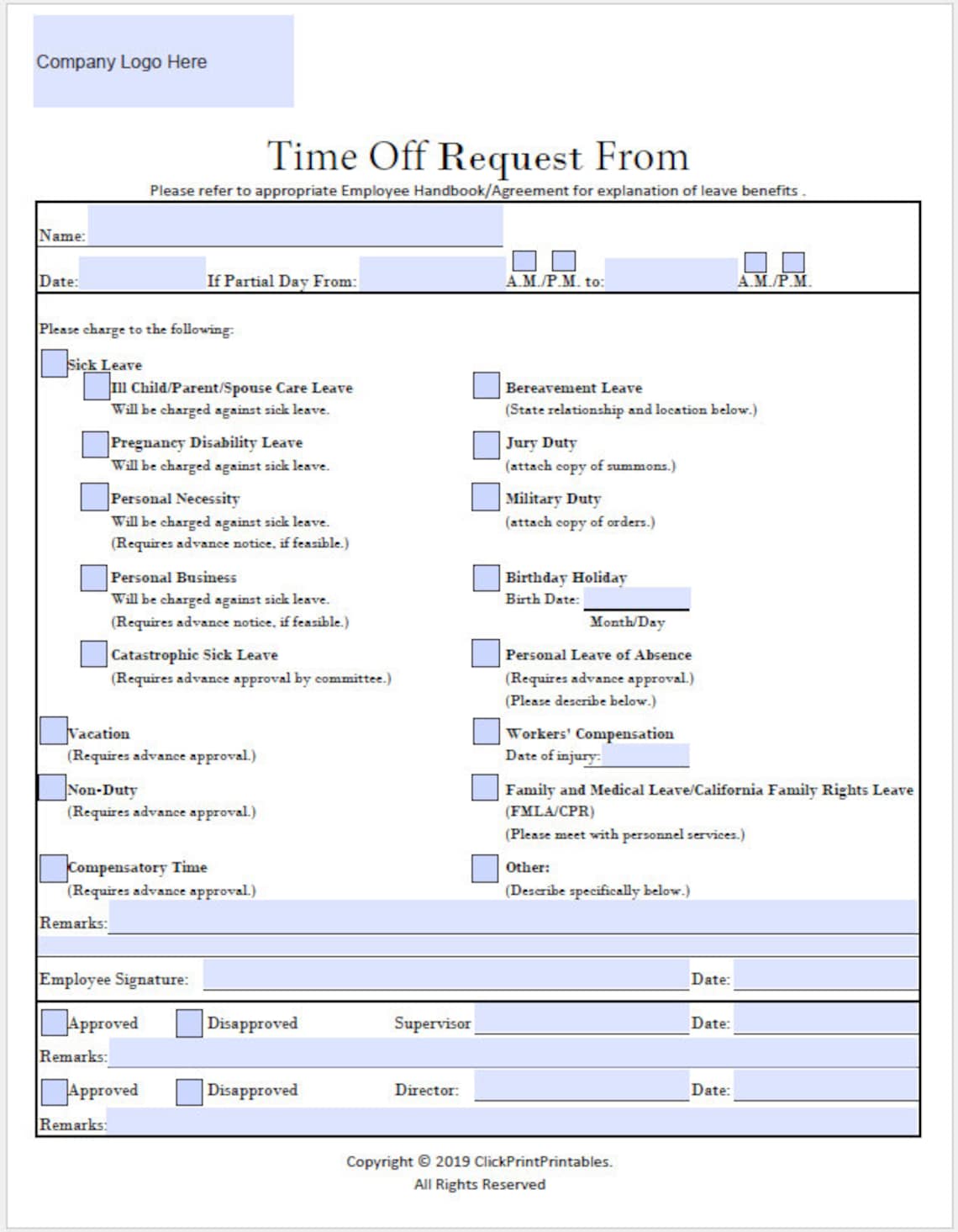 Simple Time off Request Template Downloadable Printable Form Small ...