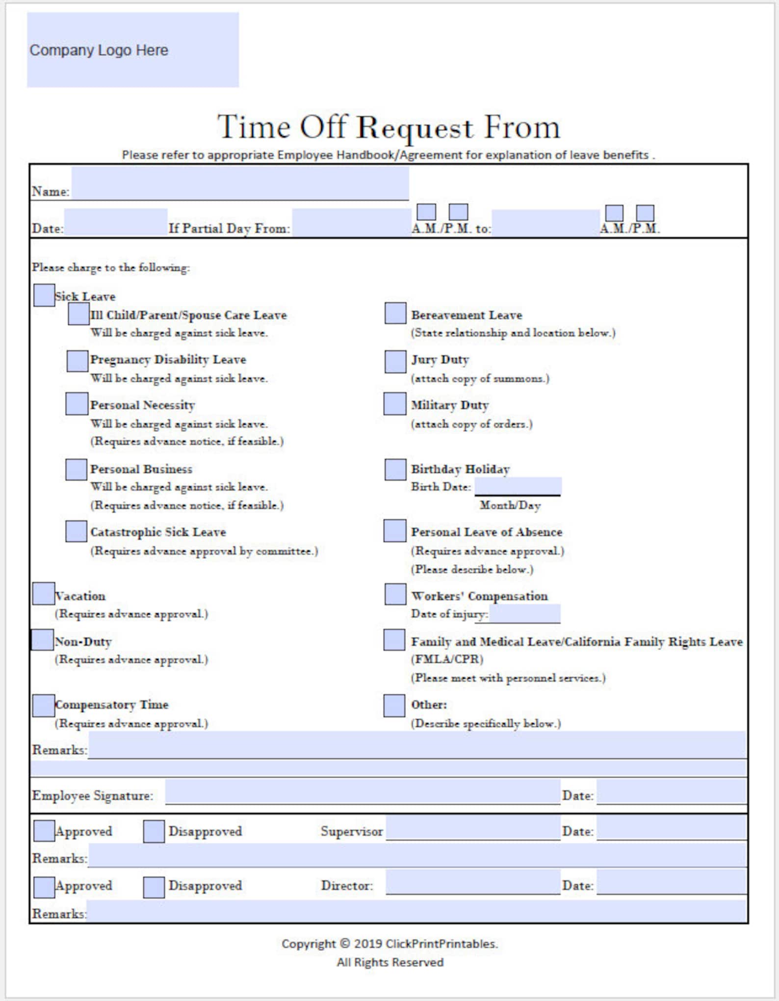 Simple Time off Request Template Downloadable Printable Form Small ...