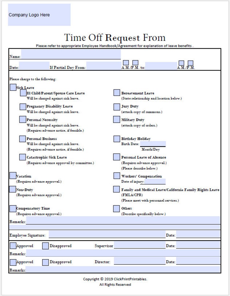 Simple Time off Request Template Downloadable Printable Form Small ...