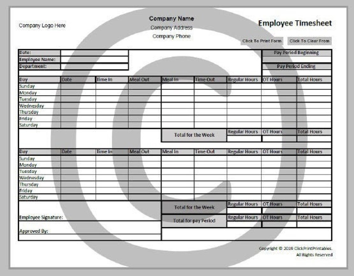 Employee Timesheet (black and White) - Home Business-tracker-printable ...
