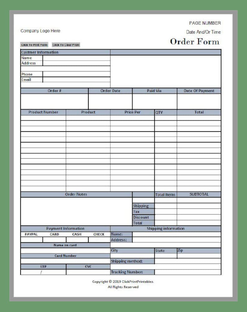 Simple Minimal Editable Order Form Template (blue) Downloadable ...