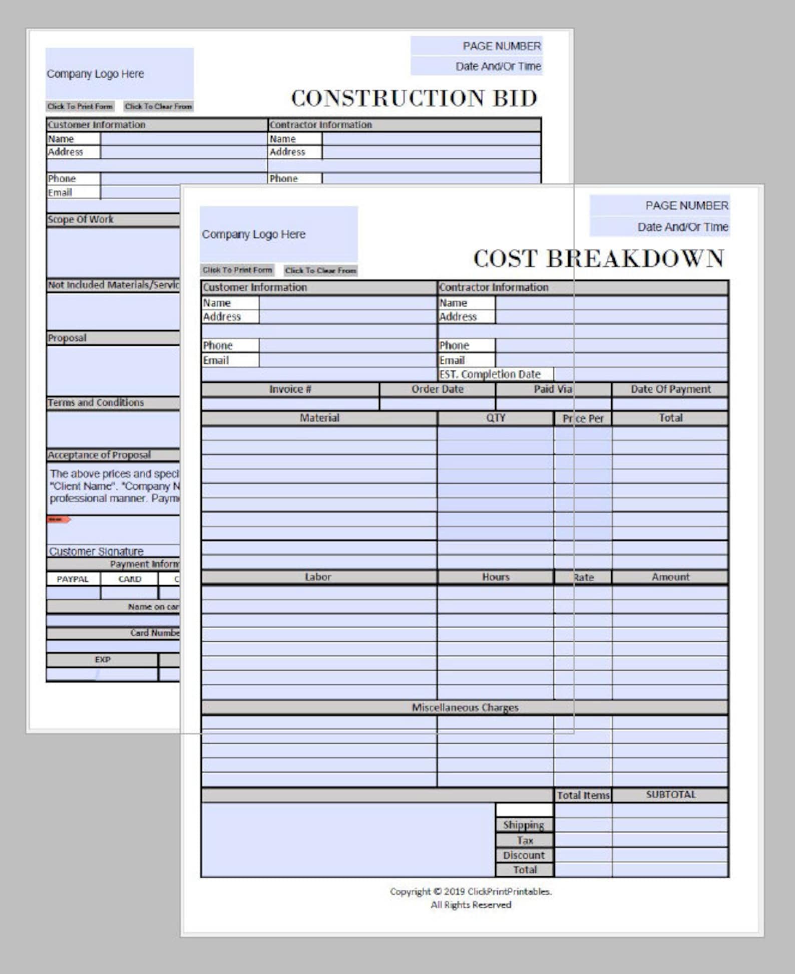 Construction Bid Project Form With Cost Breakdown Template Editable ...