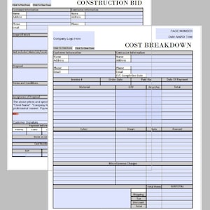 Construction Bid Project Form With Cost Breakdown Template Editable ...