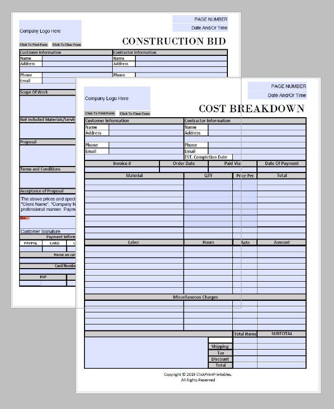 Construction Bid Project Form With Cost Breakdown Template Editable ...