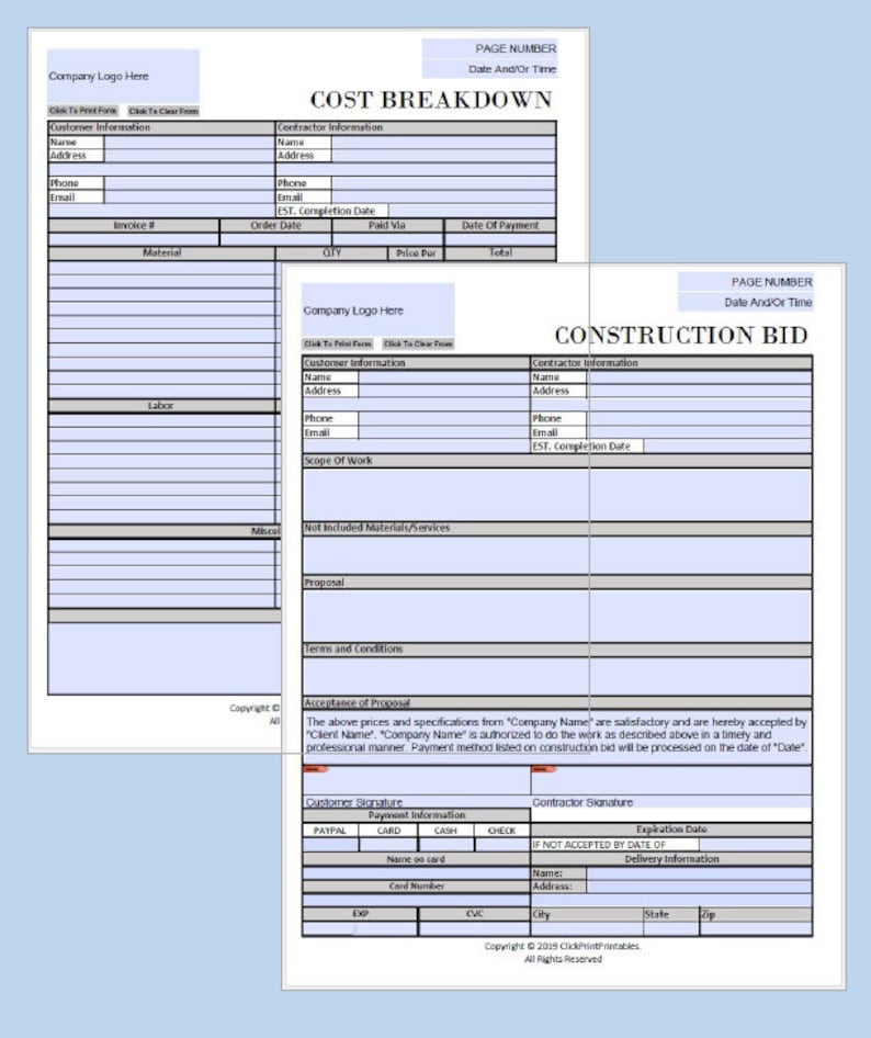 Construction Bid Project Form With Cost Breakdown Template Editable ...