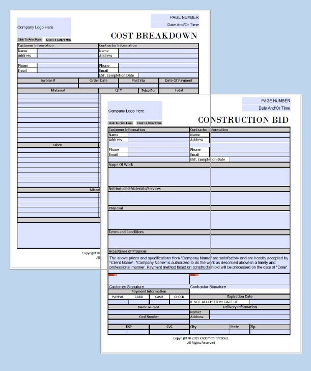 Construction Bid Project Form With Cost Breakdown Template Editable ...