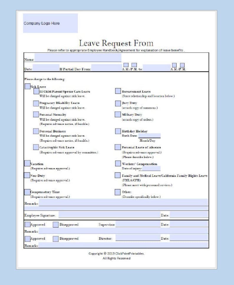 Simple Request for Leave Template Downloadable Printable Form Small ...