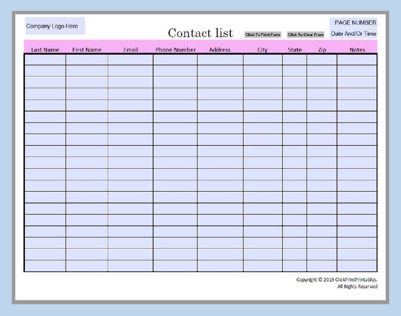 Simple Minimal Editable Contact List Template Downloadable Printable ...