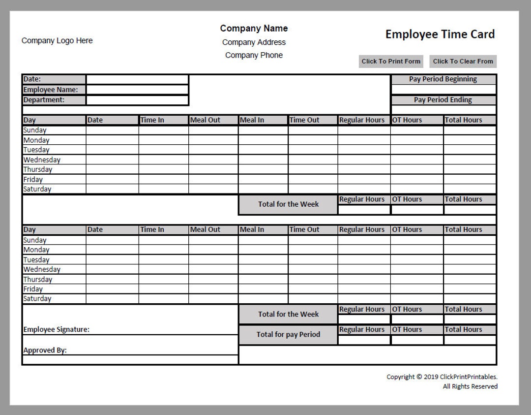 Employee Time Card (black and White)-home Business-tracker-printable ...