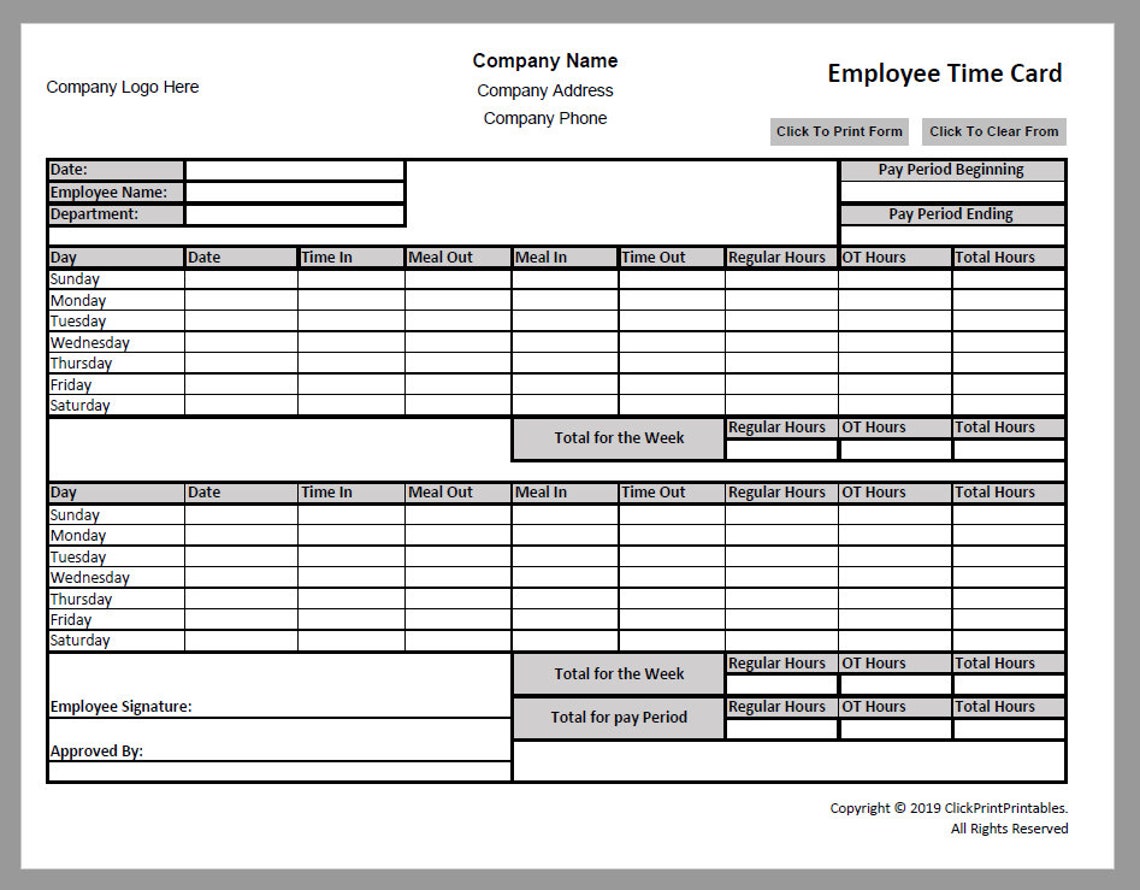 Employee Time Card (black and White)-home Business-tracker-printable ...