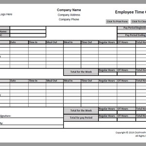 Employee Time Card (black and White)-home Business-tracker-printable ...