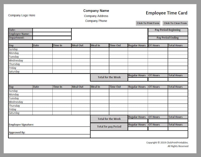 Employee Time Card (black and White)-home Business-tracker-printable ...