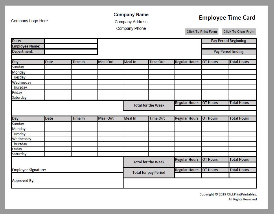 Employee Time Card (black and White)-home Business-tracker-printable ...