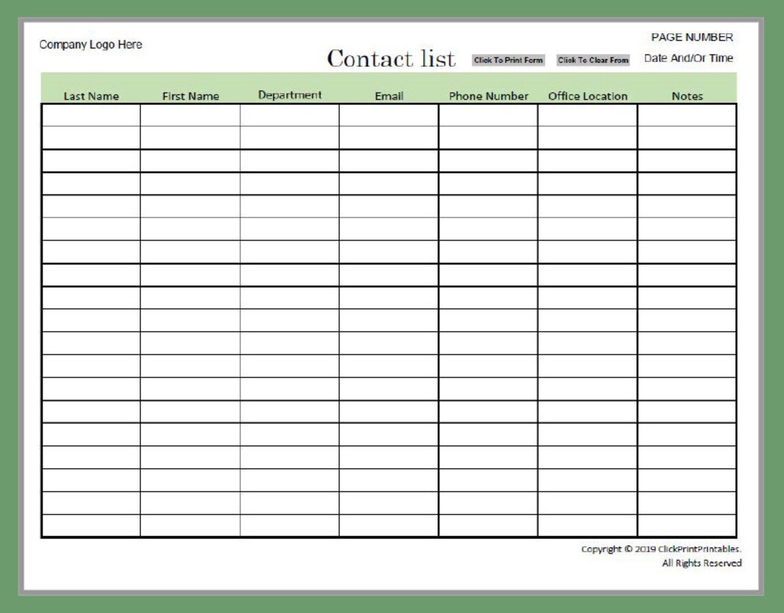 Workplace Contact List- Simple Minimal Editable Template Downloadable ...