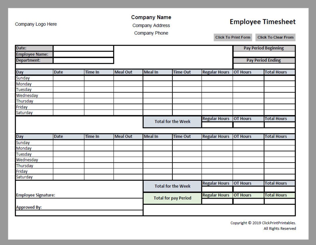 Employee Timesheet (in Color Ink)-home Business - Tracker-printable and ...