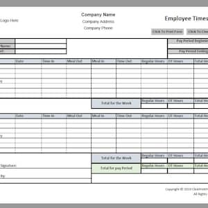 Employee Timesheet (in Color Ink)-home Business - Tracker-printable and ...