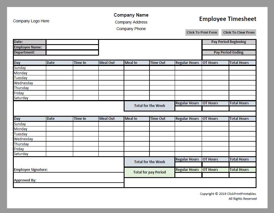 Employee Timesheet (in Color Ink)-home Business - Tracker-printable and ...