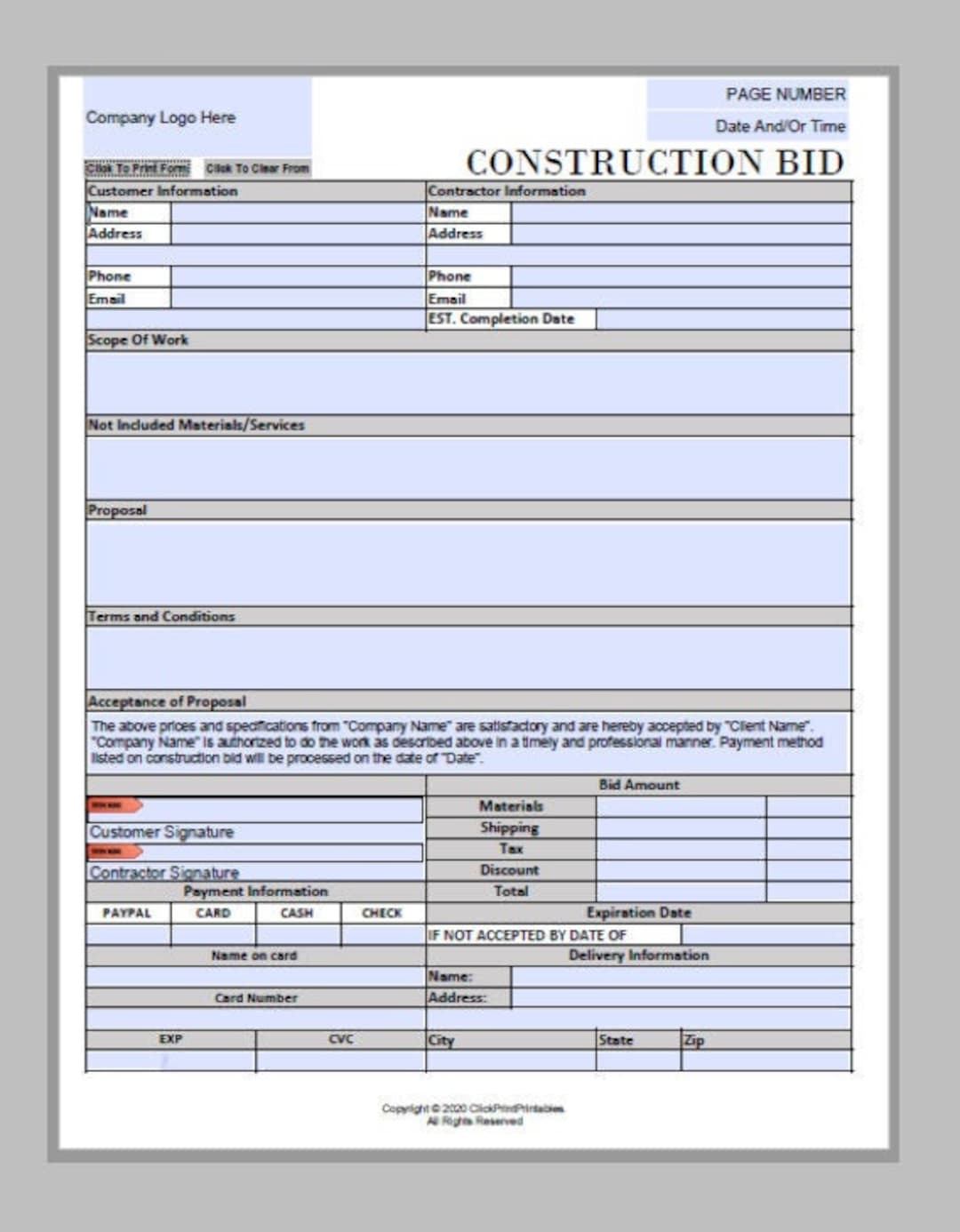 NEW Construction Project Bid Proposal Payment Section Form Template ...