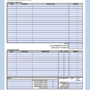 Material and Labor Record Sheet Project Bid Invoice Form Template ...