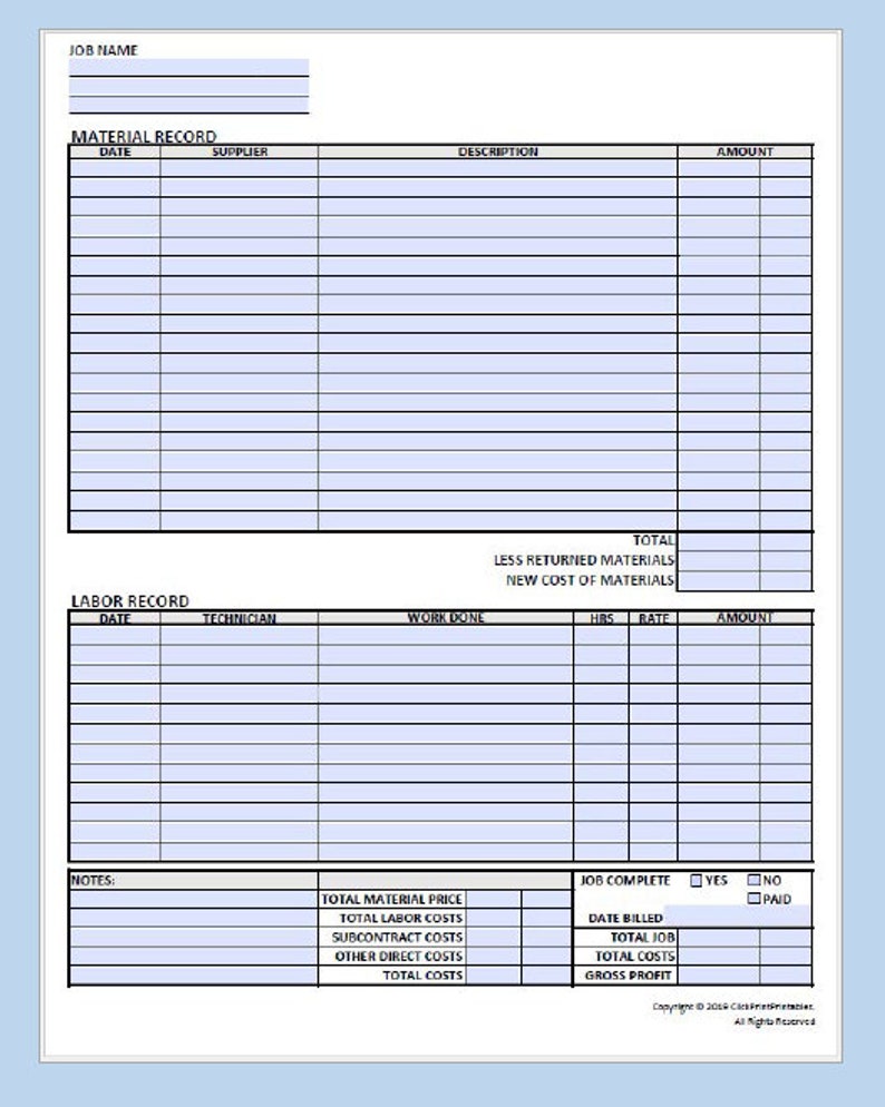 Material and Labor Record Sheet Project Bid Invoice Form Template ...