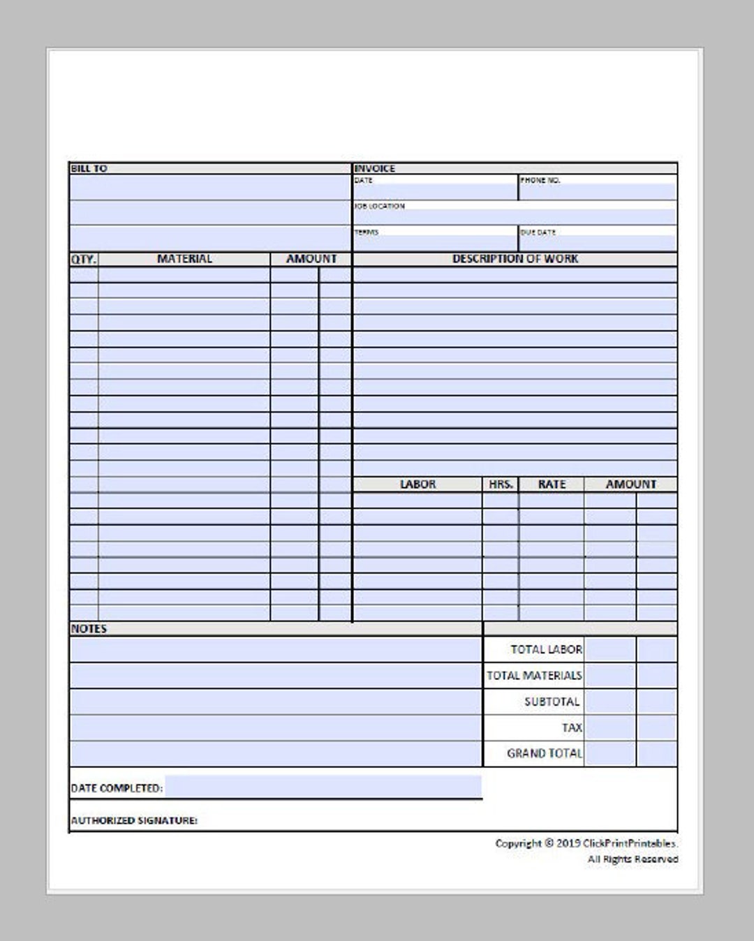 Simple Minimal Editable Invoice With Labor Template Downloadable ...
