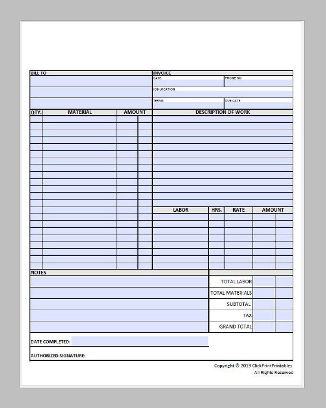 Simple Minimal Editable Invoice With Labor Template Downloadable ...