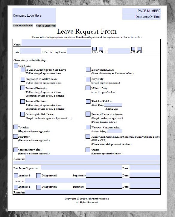 Request for Leave Template Downloadable Printable Form Small Business ...