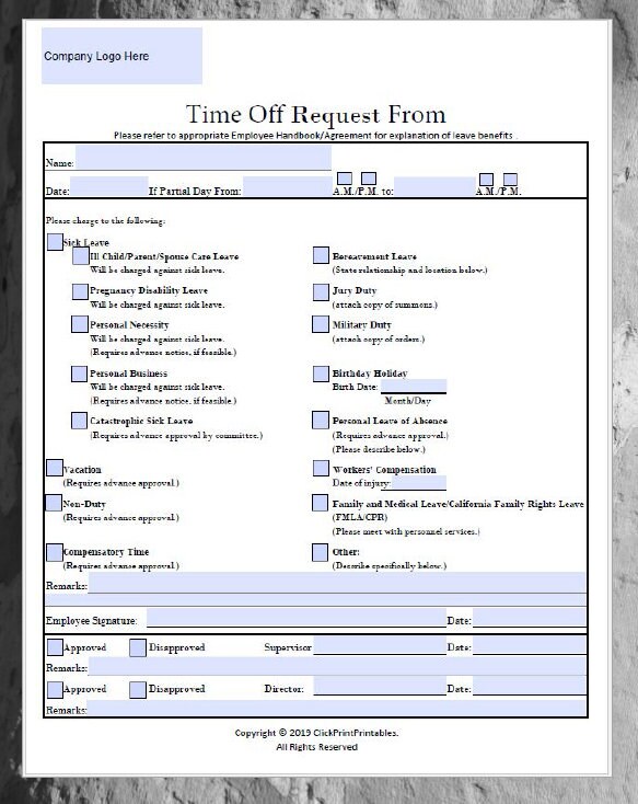 Simple Time off Request Template Downloadable Printable Form Small ...