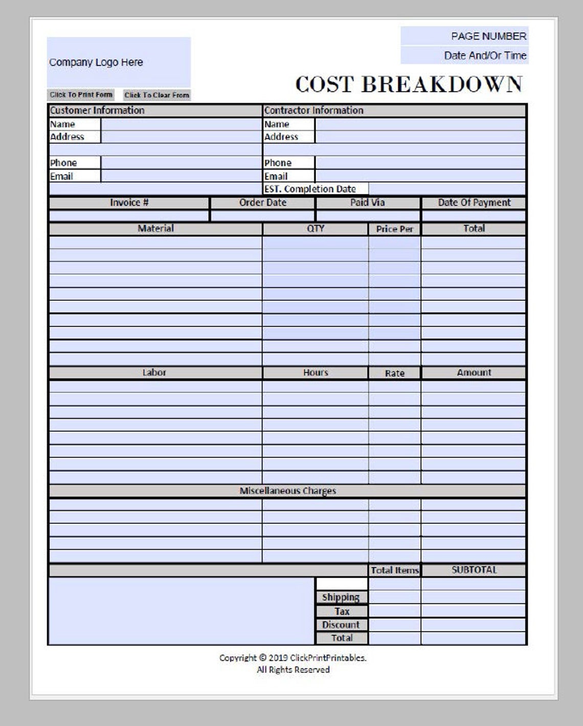 Construction Project Cost Breakdown Template Simple Minimal Editable ...