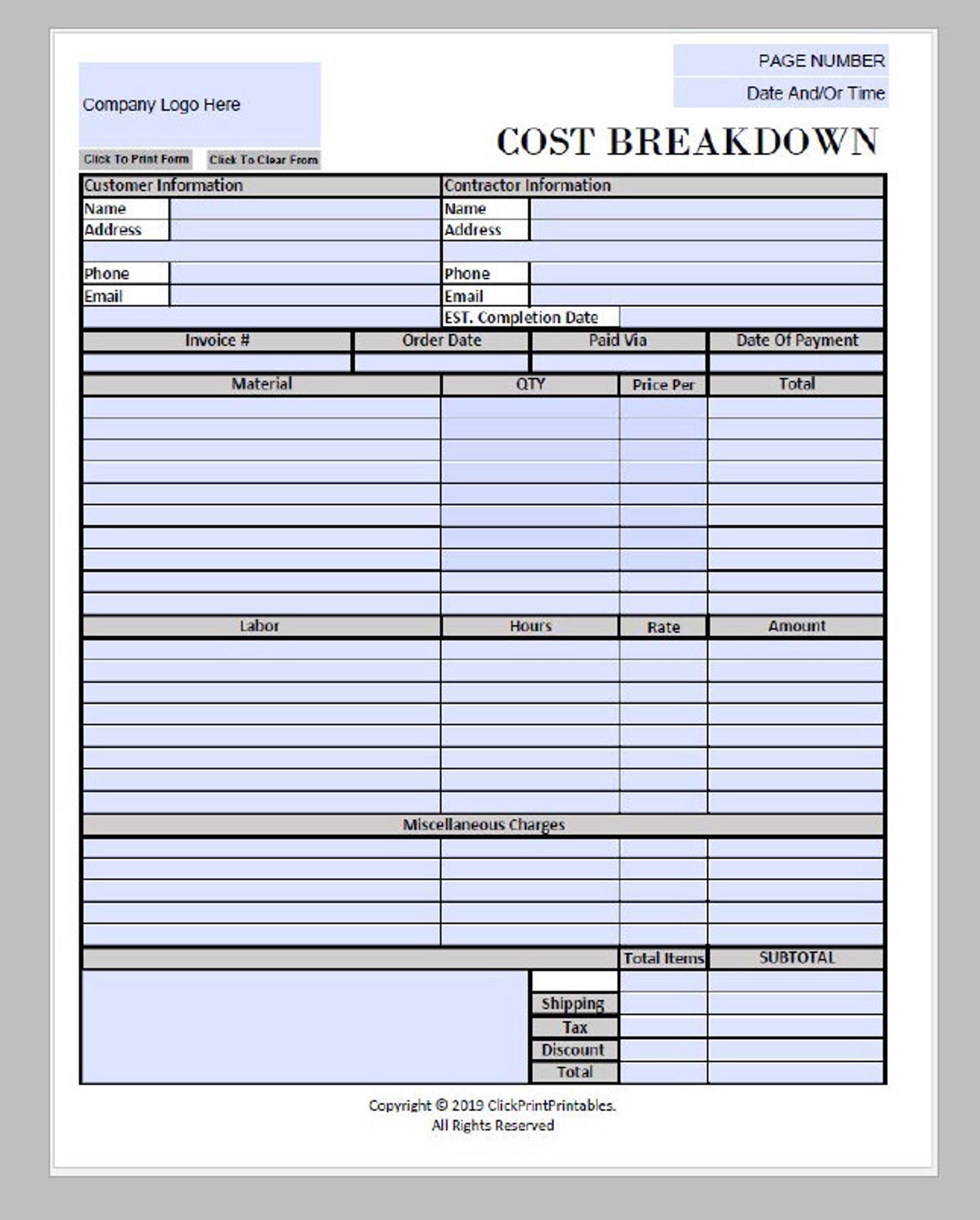 Construction Project Cost Breakdown Template Simple Minimal Editable ...